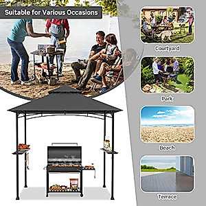 Tangkula 8x5 Ft Grill Gazebo, Double Tiered Outdoor BBQ Gazebo with 2 Side Shelves, 5 Hooks, Bottle Opener, Barbecue Grill Gazebo Shelter for Patio, Garden, Beach, Backyard (Gray)