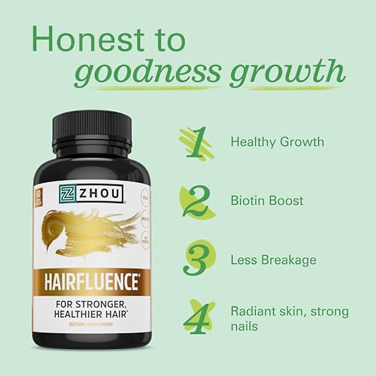 Zhou Hairfluence, Hair Growth Supplement with Clinically Studied Lustriva and Keranat and Hair Vitamins Biotin 5000mcg, Vitamin D, A, C & B12, Non-GMO, Gluten Free, 60 VegCaps