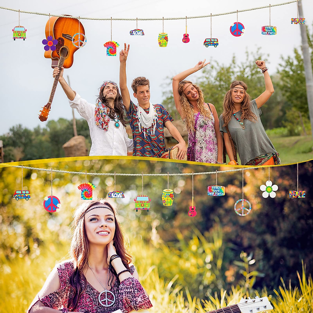 36 Pieces 60 70's Hippie Groovy Party Tie Dye Birthday Wooden Hanging Ornaments Hippy Retro Flower Peace Sign Wooden Hanging Ornaments for 60's Vibe Party Decoration DIY Craft