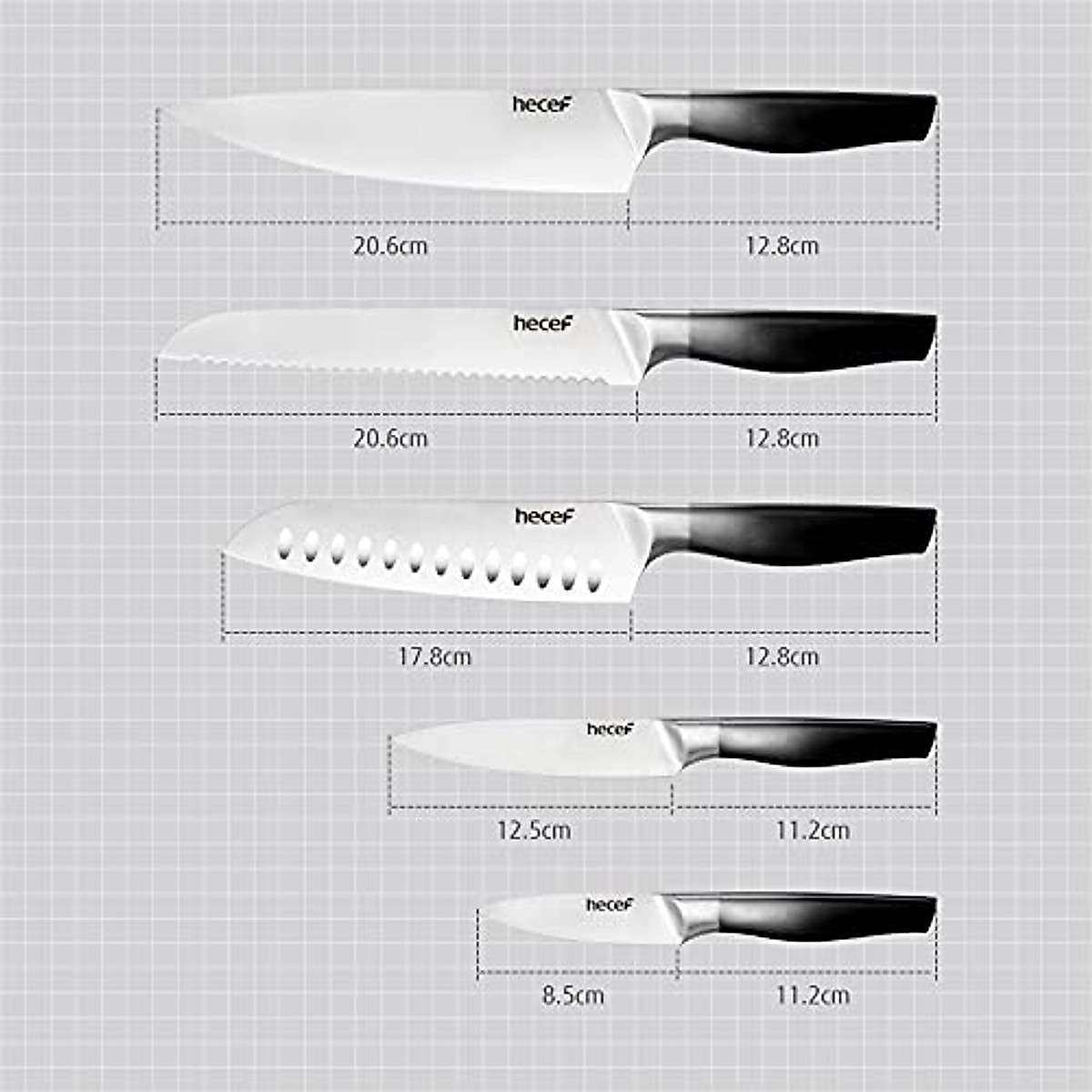 hecef Gradient Black Kitchen Knife Set of 5, Chef Knife Set with Satin Finished Blade & Hollow Handle & Protective Sheaths, Includes Chef, Santoku, Bread, Utility & Paring Knife
