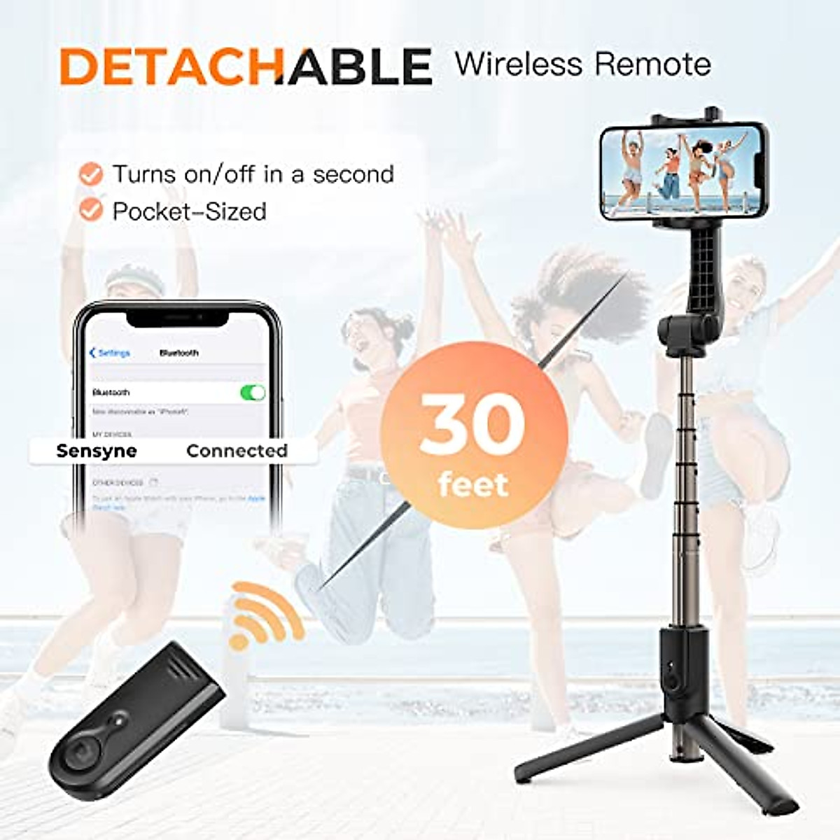 Sensyne 3 in 1 Selfie Stick, 40" Extendable Phone Tripod with Wireless Remote, Lightweight, Portable for Selfies, Video Recording, Live Stream, YouTube, TikTok, Compatible with All Cell Phones