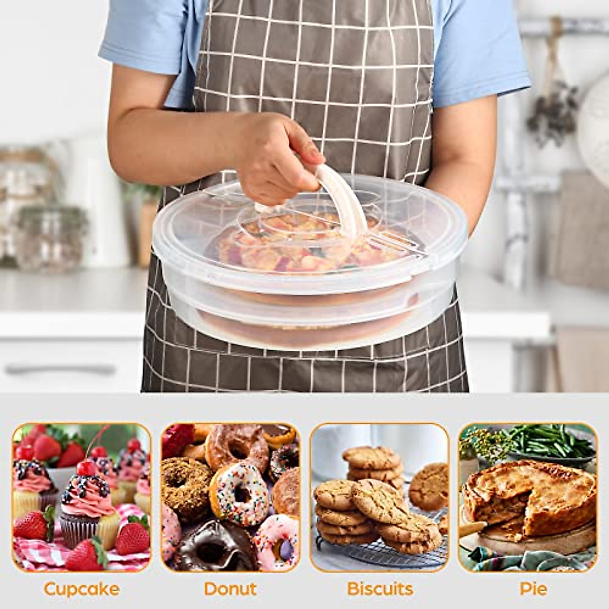2 Pack 12 inch Food Storage Container with Lid and Handle, Reusable 2 Compartments Pizza Slice Storage Container, Pizza Storage Container Round for Cheese Cake, Corn Pie, Fruit White Clear Visible