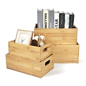 ANMINY Set of 4 Nesting Wooden Crates for Storage, Bamboo Wood Storage Containers Bins, Handmade Natural Large Wooden Storage Boxes Baskets with Handles for Organizing Shelf Closet Cabinet