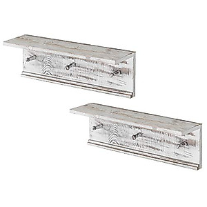 MyGift Rustic Whitewashed Wood 16-Inch Wall-Mounted Shelves with 3 Coat & Hat Pegs, Set of 2