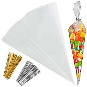SBYURE 200 Pcs Clear Cone Shaped Treat Bags Cellophane Triangle Candy Bags with 200 Twist Ties for Favor Candy Popcorn Handmade Cookies Sweets Crafts,15'' x7''