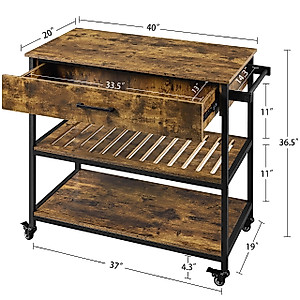 Topeakmart 40 Inch Mobile Kitchen Island Cart on Wheels for Home Kitchen, 40 Inch Rolling Utility Trolley Cart with Drawer and Storage Shelf, 3-Tier Large Kitchen Work Table Dining Cart, Rustic Brown