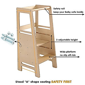 Height Adjustable Kitchen Step Stool for Kids and Toddlers with Safety Rail Children Learning Standing Tower for Kitchen Counter and Bathroom Sink Helper, Solid Wood