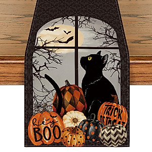 Artoid Mode Boo Black Cat Pumpkins Halloween Table Runner, Trick Or Treat Kitchen Dining Table Decoration for Home Party Decor 13 x 72 Inch
