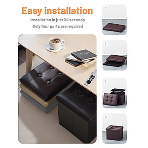 FujDun 2PC Folding Storage Ottoman with Side Pocket,16 inch Leather Ottoman Seat for Living Room Bedroom,Foot Rest Footstool,16X12X12in Brown (2PC)