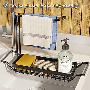 Hvanam Stainless Steel Kitchen Sink Rack Telescopic Organizer Holder Expandable Countertop Accessories Drain Caddy Tray for Kitchen or Bathroom Towel Soap Sponge Brush Storage(Black)