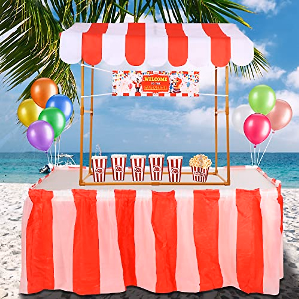 Jutom 45 Pcs Carnival Tabletop Decorating Kit Carnival Circus Concession Stand Decor Red White Striped Table Skirt Welcome to The Carnival Banner Popcorn Boxes Balloon for Carnival Party Decor