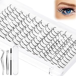 Dansib Glitter Lash Extensions D Curl 11-16mm Colored Single Lash with Eyelash Applicator, Spike DIY Individual Eyelashes with Eyelash Extension Tweezers Set for Daily Party Wedding（Silver）