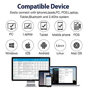 Sumicor 2D Bluetooth Barcode Scanner with Stand, 3 in 1 Compatible with Bluetooth & 2.4GHz Wireless & Wired Connection, USB Image Cordless QR Code Scanner for Smart Phone Tablet PC