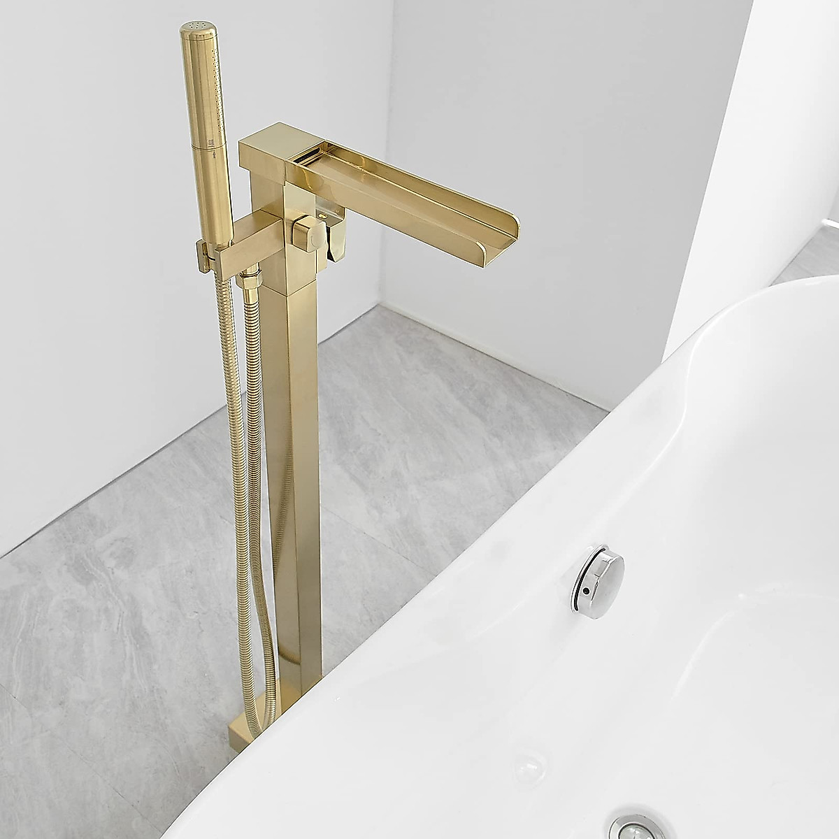 BESy Freestanding Bathtub Faucet Waterfall Tub Filler Brushed Gold Floor Mount Brass Single Handle Bathroom Tub Faucets with 2 Function Hand Shower Wand