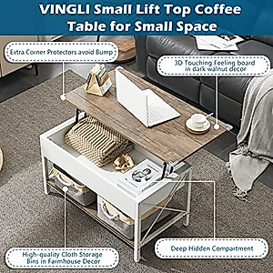 VINGLI 36" Lift Top Coffee Table with Free Cloth Storage Bins, White Walnut Framhouse Coffee Table for Living Room, Small Modern Coffee Table for Small Space in Minimalistic Style, Dark Walnut