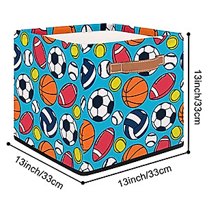Cube Storage Organizer Bins 13x13 Sport Ball Blue Fabric Storage Cubes Bin Foldable Baskets Square Box with Dual Plastic Handles for Shelf Nursery Cabinet Clothes Toys