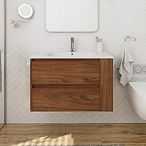 Voohek Bathroom Vanity Set, Cabinet & Sink Combo, for Apartment Dorm, Kitchen, Home Office, 30 Inch (Side Storage), Brown Oak