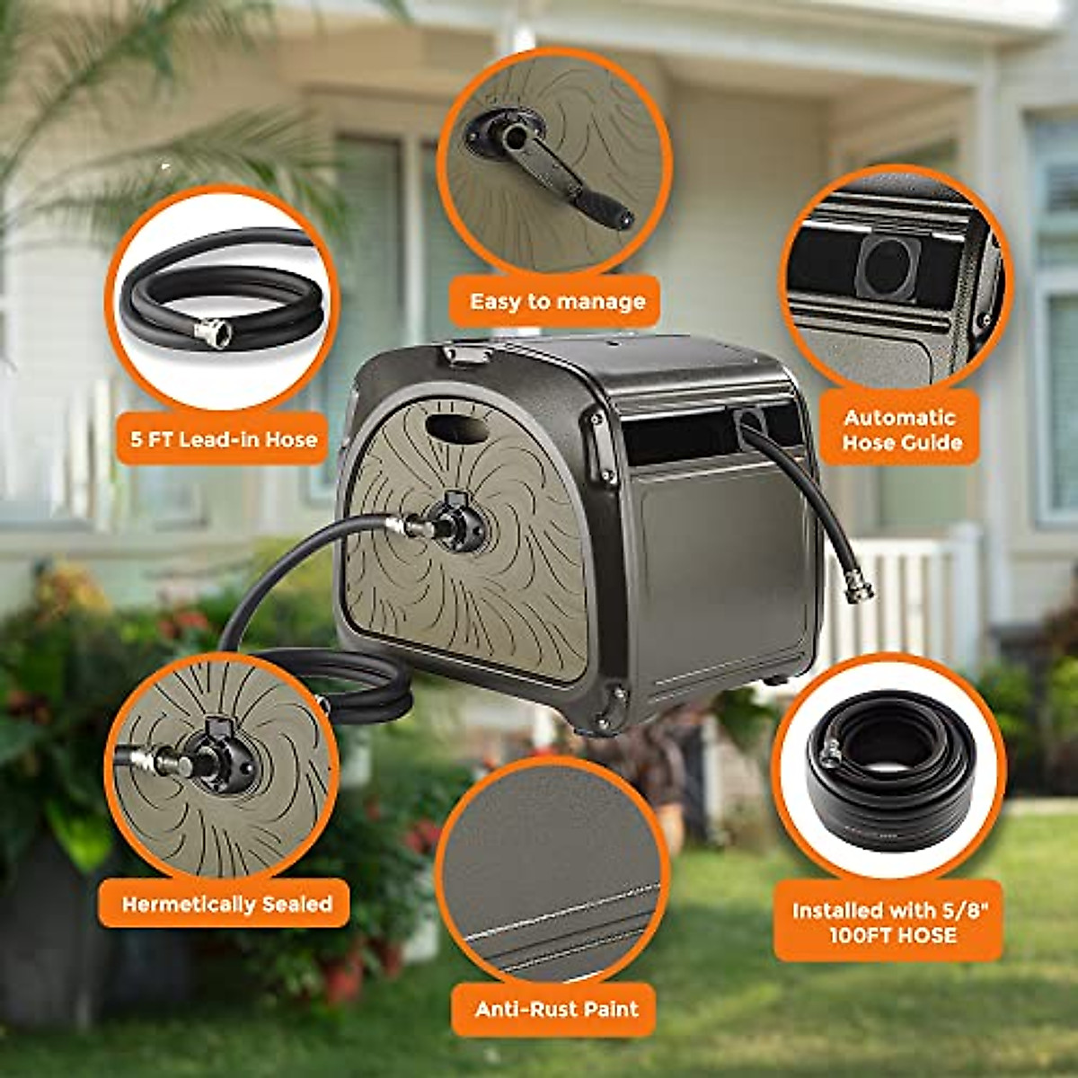 Giraffe Tools SW5-100ft Metal Hose Reel Box, Heavy Duty Garden Hose Storage Reel Hideaway with Crank Handle, 100ft 5/8" Hose, Green