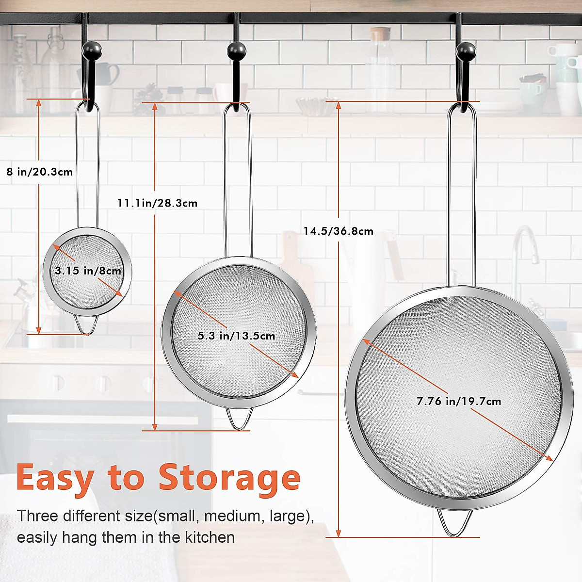 YLYL 3 Pcs Super Wire Extra Fine Mesh Strainer with Handle, Small Medium Large Size Sifter Metal Strainer Set, Stainless Steel Sieve Fine Mesh Strainers for Kitchen Rice Juice Quinoa Food Flour Baking