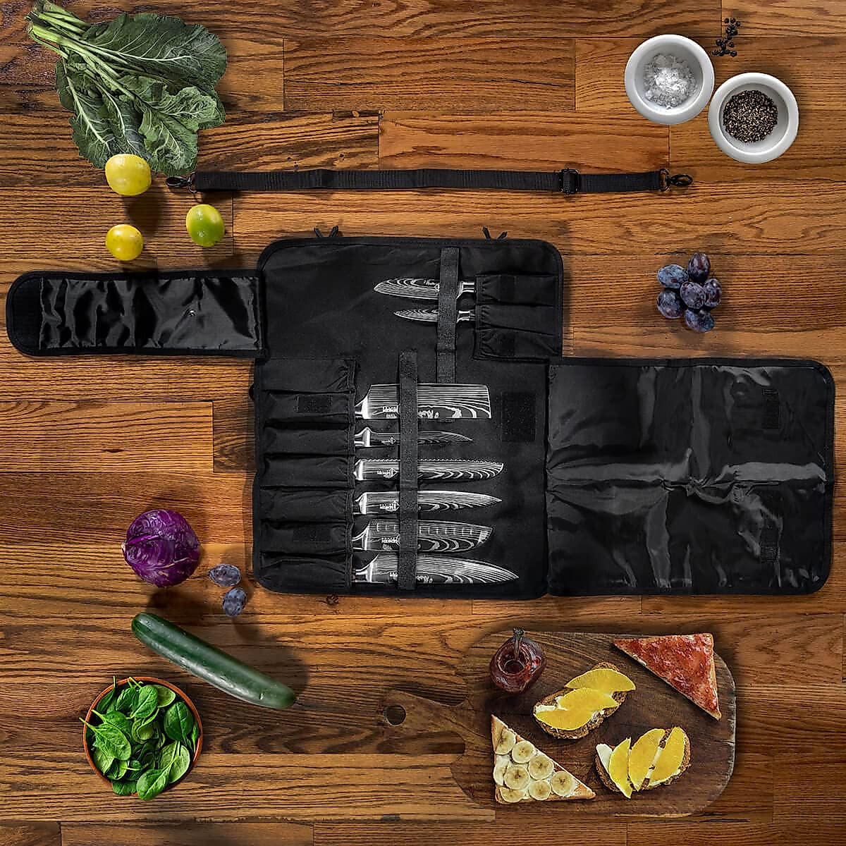 SENKEN Chef Knife Roll Bag - Heavy Duty Kitchen Knife Carrying Case with Shoulder Strap - Additional Large Zippered Pocket for Big Items, Waterproof 600D Oxford Fabric