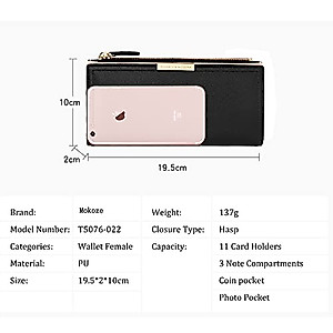 Mokoze Women'S Zipper Magnetic Closure Wallet Clutch Bag Storage Bag Long Bi-Fold With Change Pocket Small Women'S Walle（Black）