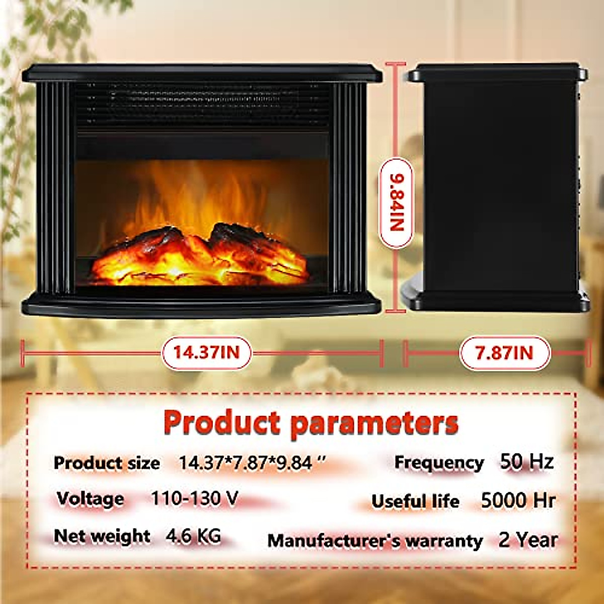 DONYER POWER 14" Mini Electric Fireplace Tabletop Portable Heater, 1500W, Black Metal Frame,Room Heater,Space Heater