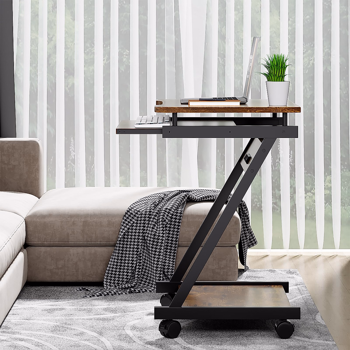 ZERDER Small Computer Desks with Power Outlet, Z-Shaped Home Office Desks for Small Space, Compact Study Desk with Keyboard Tray and Casters, Computer Workstation for Home and Office, Brown