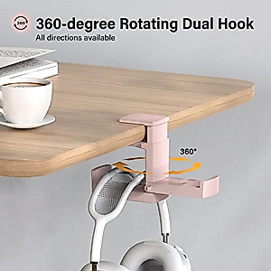 Dual Headphone Stand Holder - EURPMASK 2 in 1 PC Gaming Headset Hooks, 360 Degree Rotating Headphone Hanger with Adjustable Clamp & Cable Clip Organizer, Headset Mount Under Desk Earphone Clamp-Pink