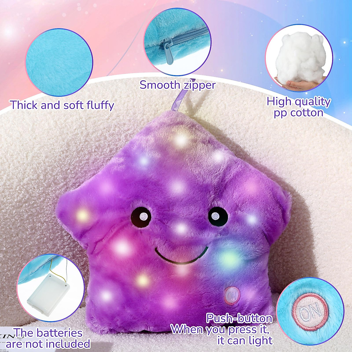 Pinkunn 6 Pcs Light up Star Pillow Star Shaped Soft Plush Pillow for Kids 13 Inch Twinkle LED Night Colorful Glowing Plush Throw Stuffed Pillow for Birthday Gifts Room Home Office