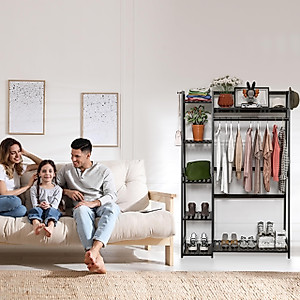 WTZ Clothes Rack for Hanging Clothes, Bamboo Garment Rack Heavy Duty Clothing Rack with Shelves for Living Room, Bedroom, Entryway, Bathroom (CR-538 White)