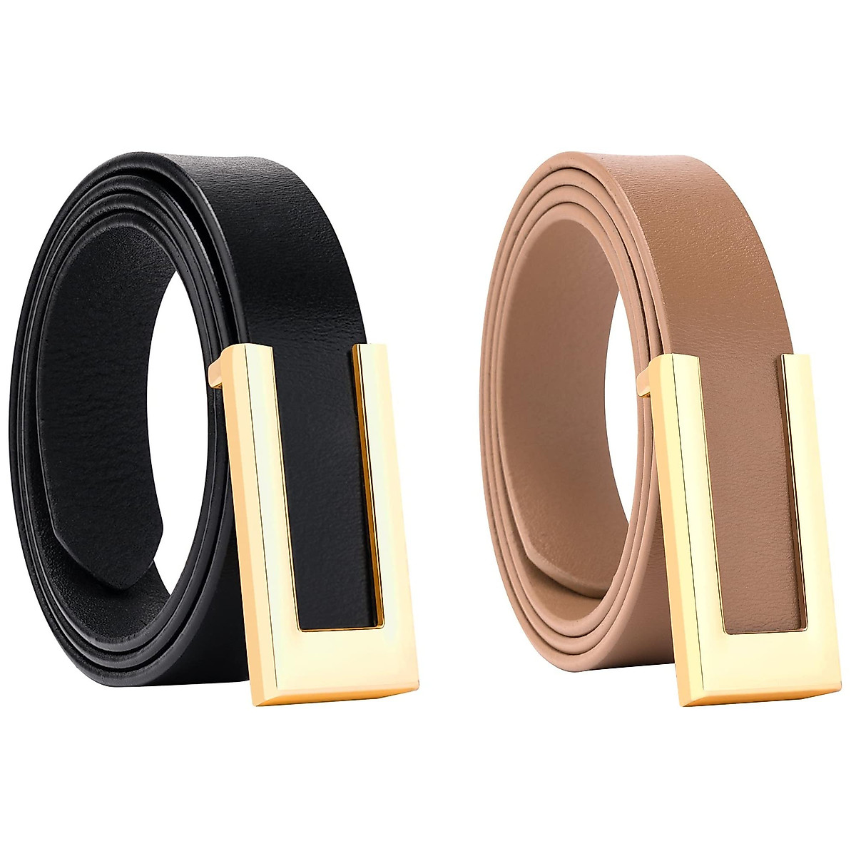 YooAi Womens Leather Belt Skinny Waist Belt for Dresses Jeans Pants with Gold Buckle Black+Khaki 95