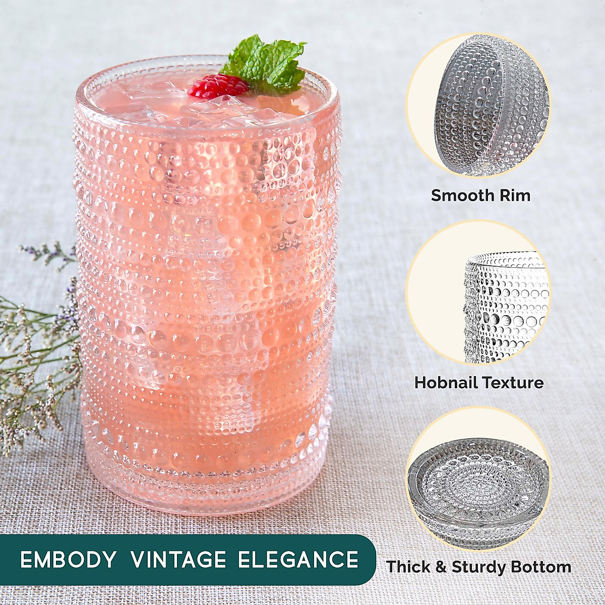 NASONI GLASSWARE 14 oz Hobnail Highball Glasses Set of 6 (Clear) - Embossed Beaded Glass Tumbler Vintage XL Drinkware Double Old Fashioned Cups for Beverages, Cocktails, Margaritas, Juice, Water