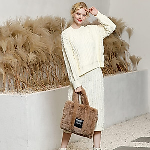 Herald Large Tote Bags For Women Soft Winter Fluffy Fuzzy Furry Plush Top Handle Purse and Handbag With Shoulder Strap (Khaki)