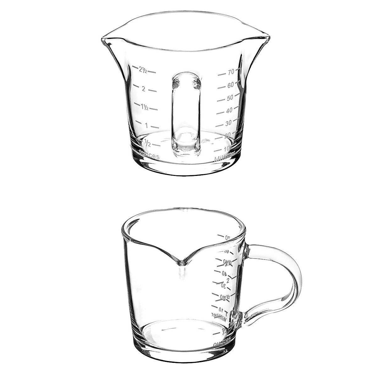 QWORK Espresso Shot Glass with Handle, 2 Pack 3-Ounce Double Spout Glass Measuring Cup Triple Pitcher Milk Cup with Two Scales (OZ&ML)