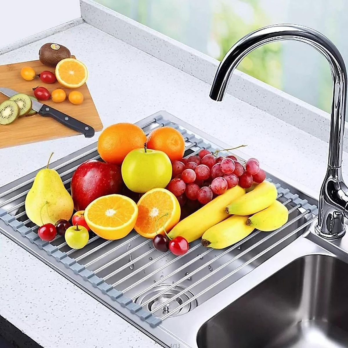 Antspertor Large Roll Up Dish Drying Rack, Over The Sink Multipurpose Roll-Up Dish Racks, 20.5" L x 16" W（Gray） Rolling Stainless Steel Dish Drainer Portable Foldable for Kitchen Counter