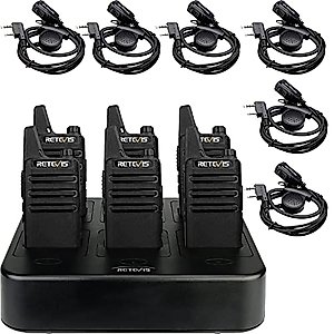 Retevis RT22 Walkie Talkies (6 Pack) with 2 Way Radio Headset (6 Pack), Rechargeable Hands Free 2 Way Radio, with 6 Way Multi Gang Charger, Walkie Talkie Adjustable D-Shaped Headset with PTT
