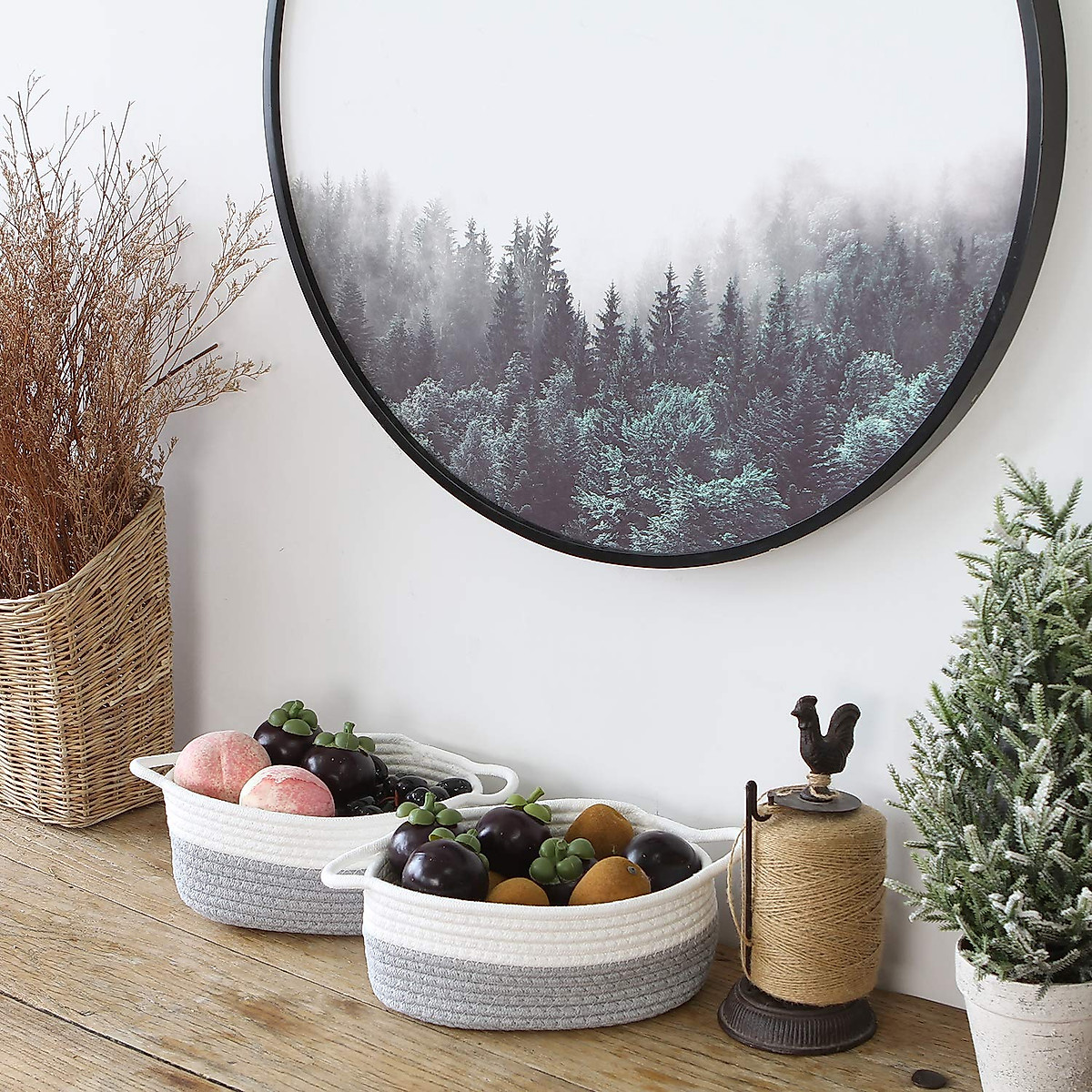 Sea Team 2-Pack Cotton Rope Baskets, 10 x 7 x 4 Inches Small Woven Storage Basket, Fabric Tray, Bowl, Oval Open Dish for Fruits, Jewelry, Keys, Sewing Kits (Grey & White)