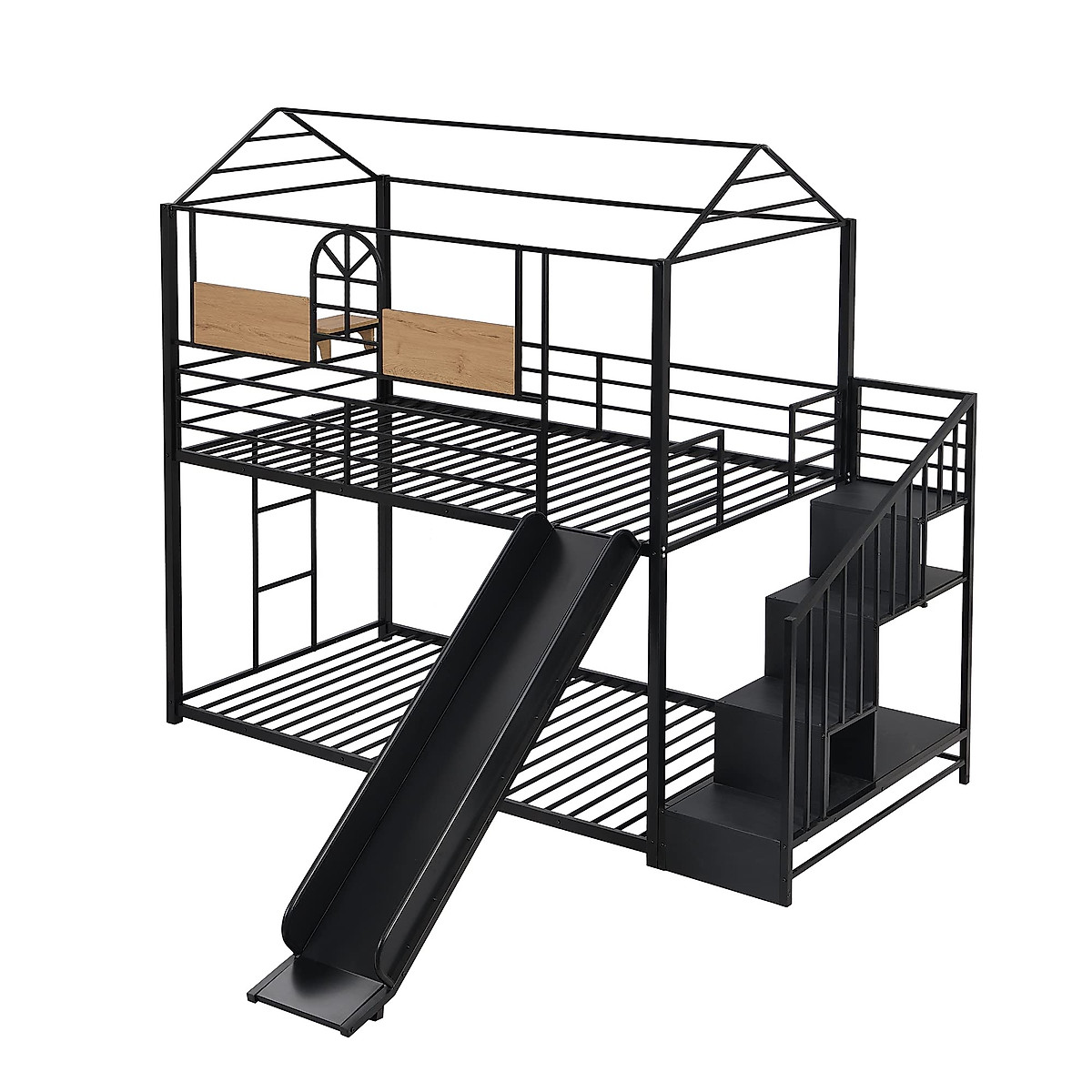 Bellemave House Bunk Bed with Slide and Stairs Twin Over Twin Floor Bunk Bed Frame Metal Playhouse Bunked with Storage Shelves for Kids Boys Girls Teens, Black with MDF