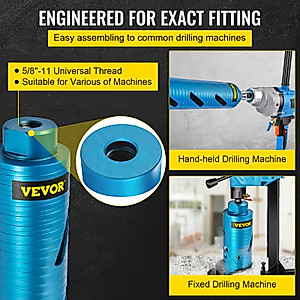 VEVOR Core Drill Bit, 2.5" / 63.5 mm Diameter 5/8"-11 Threaded, 9.5" / 241.3mm Depth Diamond Dry Coring Bore Tool with a Pilot Bit & 4.5" Blade, Masonry Hole Saw Bits for Hard Concrete Brick and Block