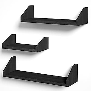 SRIWATANA Floating Shelves Wall Mounted Set of 3, Solid Wood Wall Shelf Display Ledge Storage Shelves for Living Room Kitchen Bathroom, Black
