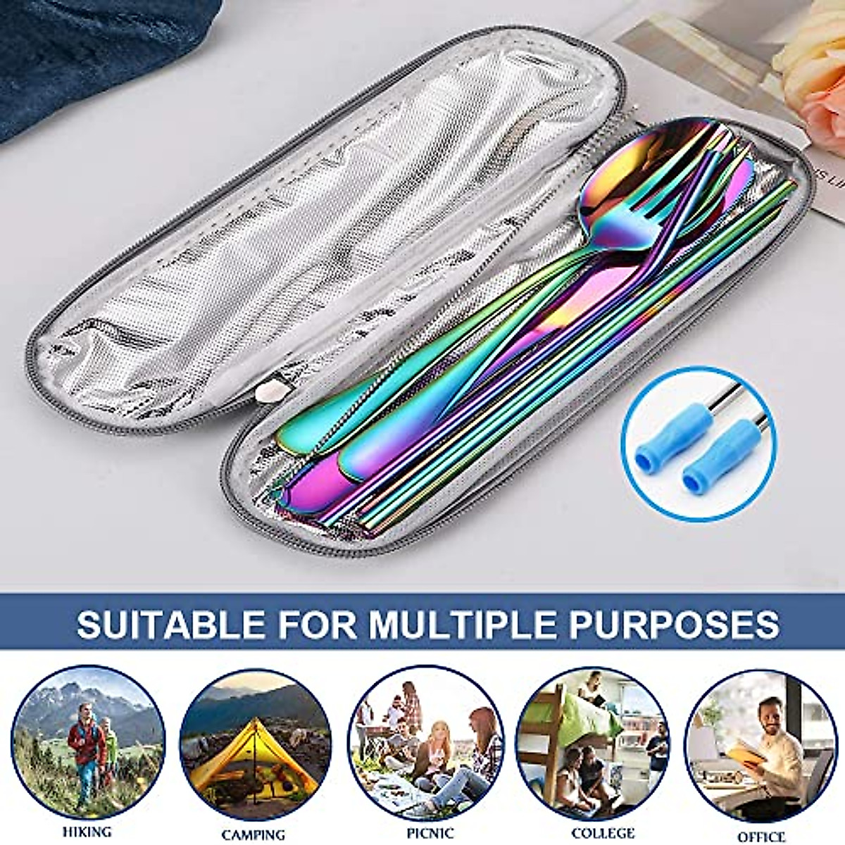 Travel Reusable Utensils Silverware with Case,Camping Cutlery set,Chopsticks and Straw for Camping, Portable Flatware Cutlery Set with Case, Stainless steel Travel Utensil set 8 Piece AF(Rainbow)