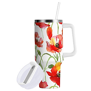 FENOCHE Poppy Flower Floral 30 oz Tumbler Insulated Cups Stainless Steel Water Bottle with Handle Lid and Straw Tumblers for Car Cup Holder