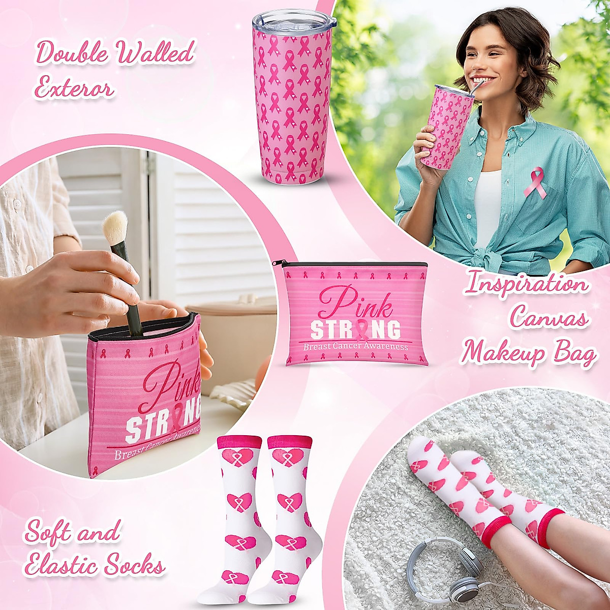 Breast Cancer Survivor Gifts Breast Cancer Awareness Tumbler Engraved with Hope Strength Cure Inspirational Gift Cosmetic Pouch Makeup Bag and Breast Cancer Socks for Women (Pink, Stylish Style)
