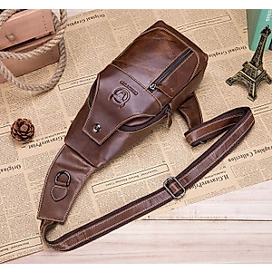 BULLCAPTAIN Genuine Leather Men Sling Crossbody Bag Multi-pocket Chest Bag Casual Travel Hiking Sling Backpack with Earphone Hole (Brown)