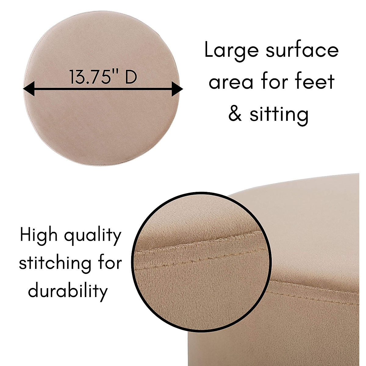 BIRDROCK HOME Round Taupe Velvet Ottoman Foot Stool – Soft Compact Padded Vanity Stool - Great for The Living Room, Bedroom and Kids Room - Small Furniture (Taupe)