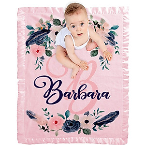Personalize It Baby Blanket for Girls 30x40 in (Pink) Customized with Name Personalized Monogram for Newborns and Infant in Floral Girl Navy Indigo Blue and Pink with Satin Trim