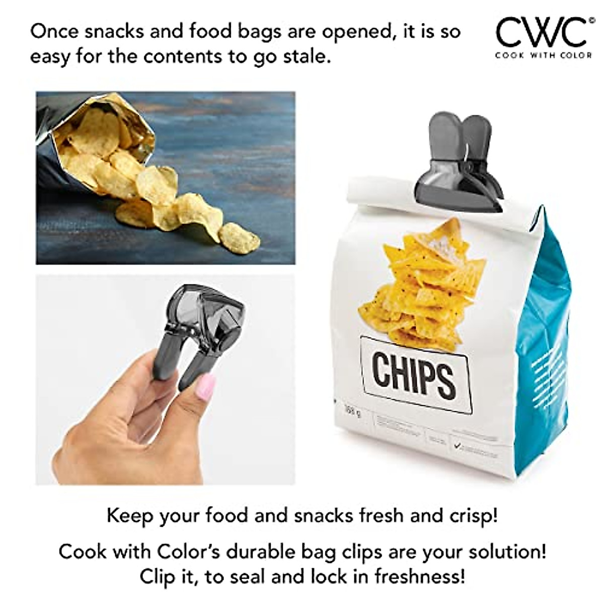 COOK WITH COLOR 6 Pc Chip Bag Clips with Magnet, Food Clips, Chip Clips, Small Bag Clips for Food Storage with Air Tight Seal Grip for Bread Bags, Snack Bags and Food Bags - (Gray)