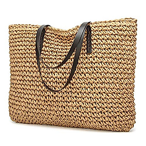 Straw Bag Round Summer Straw Large Woven Beach Bag Purse For Women Vocation Tote Handbags With Pom Poms (Lightcoffee)