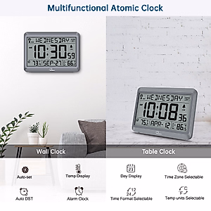 WallarGe Atomic Clock with Indoor Outdoor Temperature, Self-Setting Digital Wall Clock Battery Operated, 4 Time Zones, DST