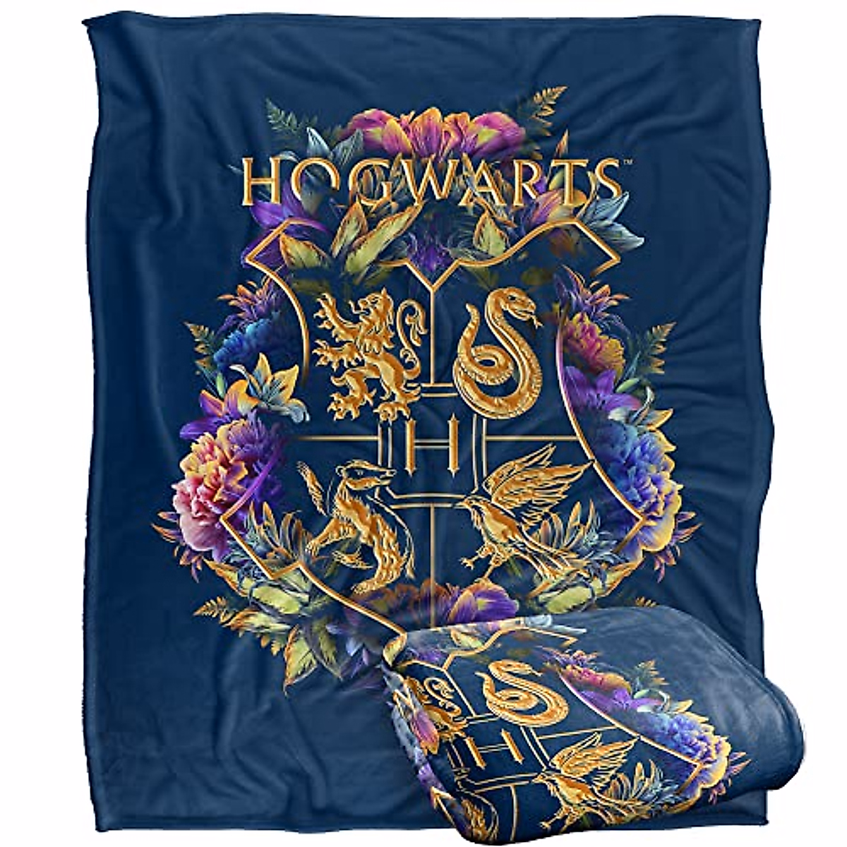 Harry Potter Hogwarts Multi-Colored Floral Crest Officially Licensed Silky Touch Super Soft Throw Blanket 50" x 60"